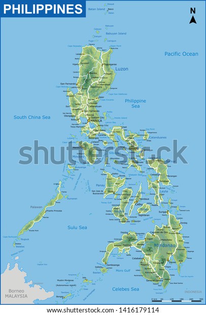 Physical Map Philippines Detailed Road Network Stock Vector (Royalty ...