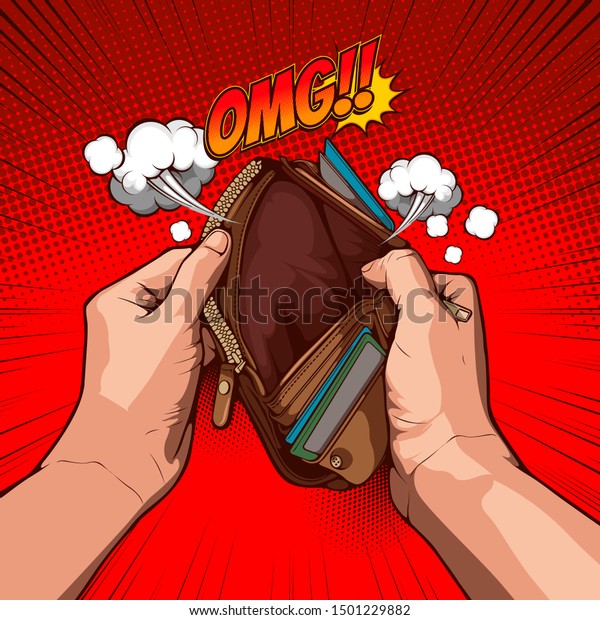 picture hand open an empty wallet on red background, comic cover ...
