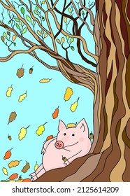 Pig Lies Under Tree Oak Autumnacorns Stock Vector (Royalty Free ...