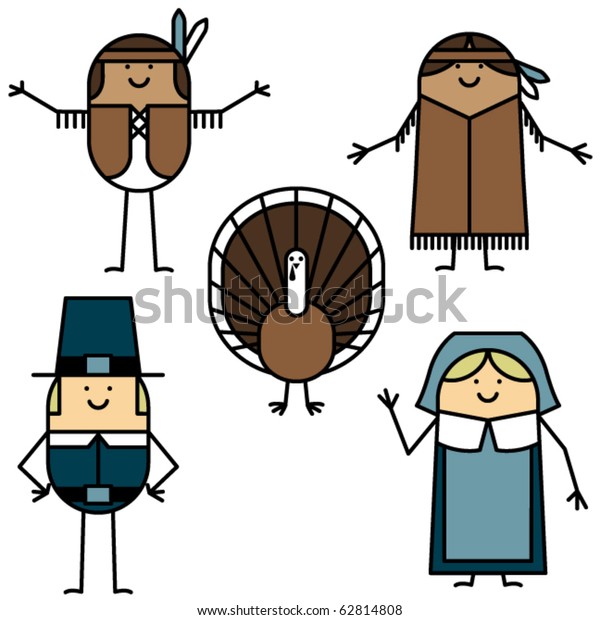 Pilgrims Native Americans Turkey Cartoons Thanksgiving Stock Vector ...