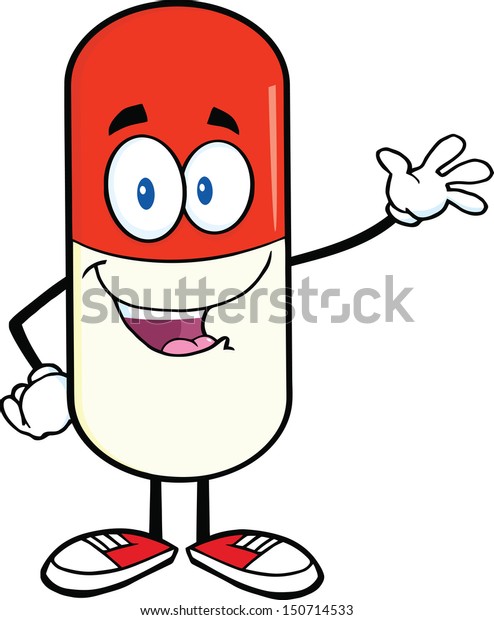 Pill Capsule Cartoon Character Waving Greeting Stock Vector (Royalty ...