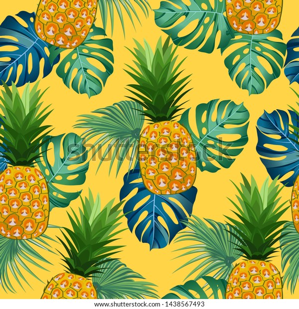 Pineapple Seamless Pattern Tropical Leaves On Stock Vector (Royalty ...