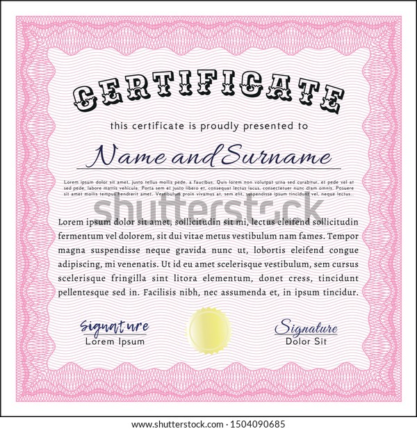 Pink Certificate Cordial Design Customizable Easy Stock Vector (Royalty ...