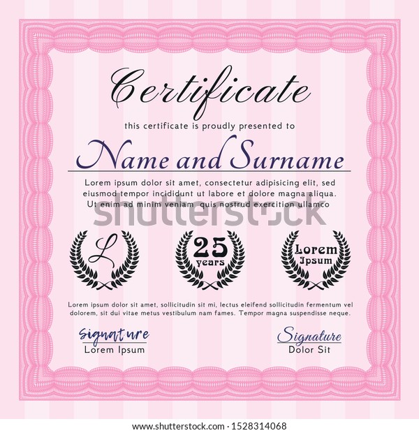 Pink Classic Certificate Template Modern Design Stock Vector (Royalty ...