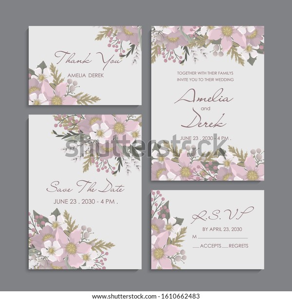 Pink Floral Background Wedding Invitation Set Stock Vector (Royalty ...