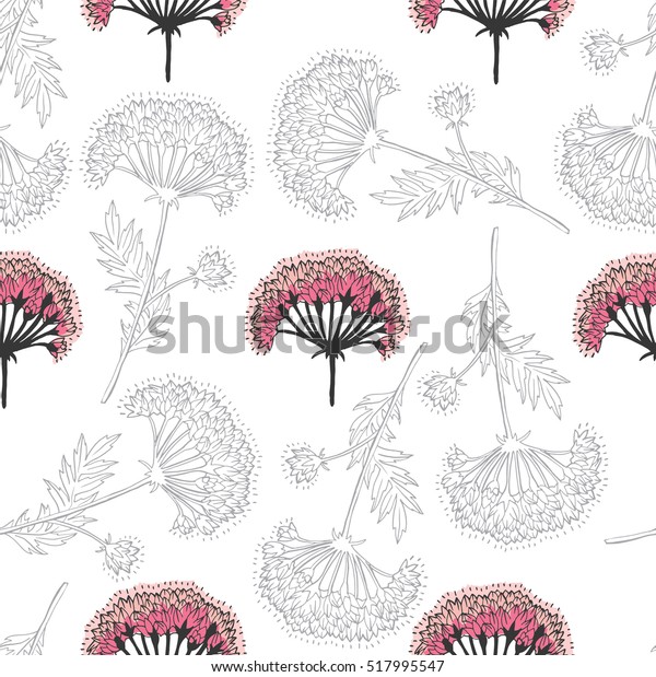 Pink Flowers Line Art Pattern Stock Vector (Royalty Free) 517995547