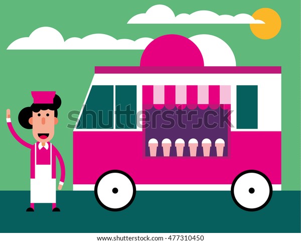 Pink Ice Cream Van Cheerful Seller Stock Vector (Royalty Free ...