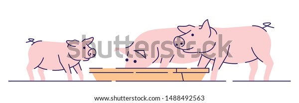 Pink Pigs Feeding Flat Vector Illustration Stock Vector (Royalty Free ...