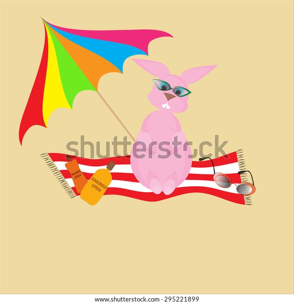 Pink Rabbit Sunbathing On Beach Under Stock Vector (Royalty Free ...