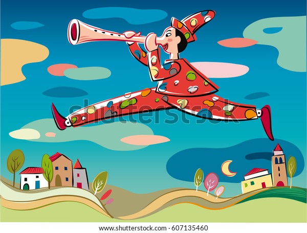 Pinocchio Puppet Leap Flying Over Village Stock Vector (Royalty Free ...