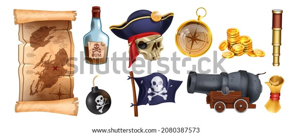 Vektor Stok Pirate Cartoon Game Object Set Vector (Tanpa Royalti ...