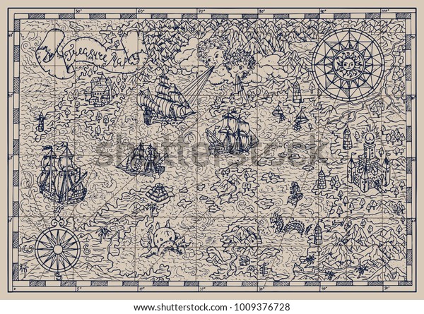 Pirate Map Mythological Creatures Old Vessels Stock Vector (Royalty ...