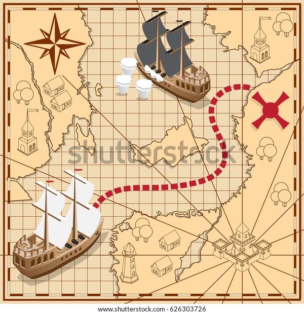 Pirate Map Route Treasures Isometric Vector 库存矢量图（免版税）626303726 ...