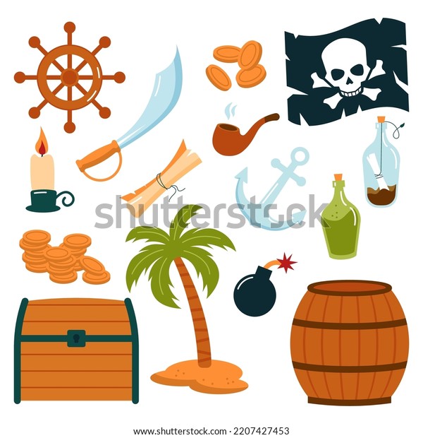 Pirate Object Set Golden Treasure Chest Stock Vector (Royalty Free ...