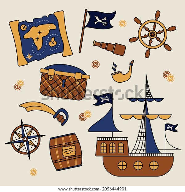 Pirate Set Map Ship Flag Steering Stock Vector (Royalty Free ...
