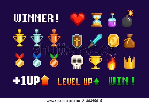 Pixel Art 8bit Winner Trophy Cups: เวกเตอร์สต็อก (ปลอดค่าลิขสิทธิ์ ...