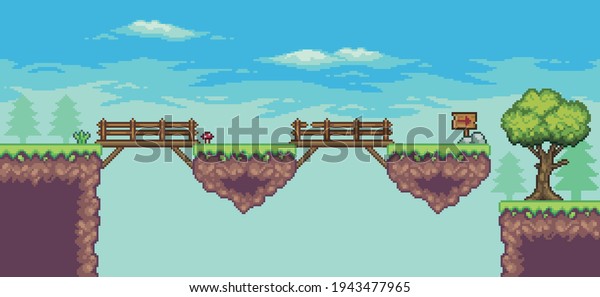 Vektor Stok Pixel Art Arcade Game Scene Floating (Tanpa Royalti ...