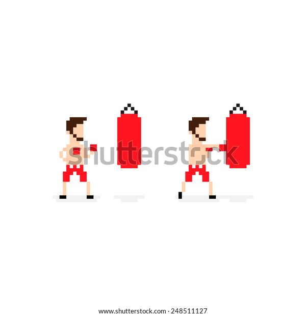 Pixel art boxer in fighter stance and hitting the red punching bag