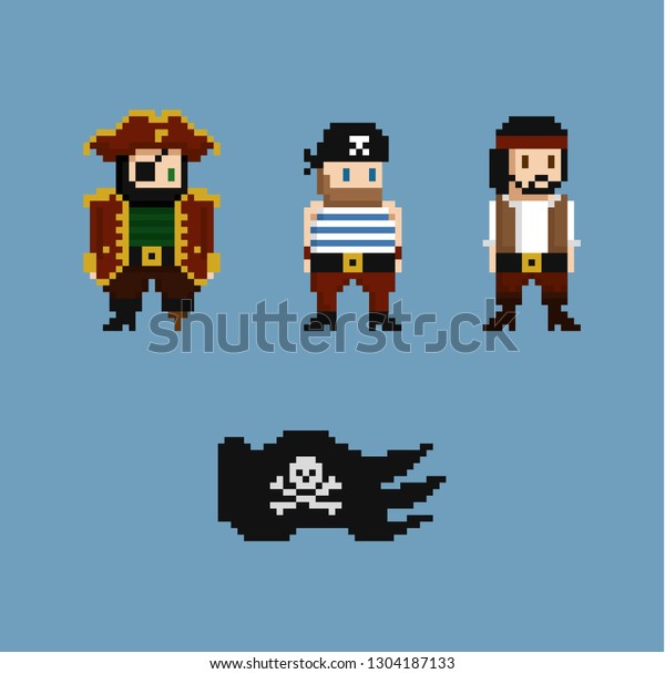 Pixel art characters set. Pirate crew members, captain in tricorne ...