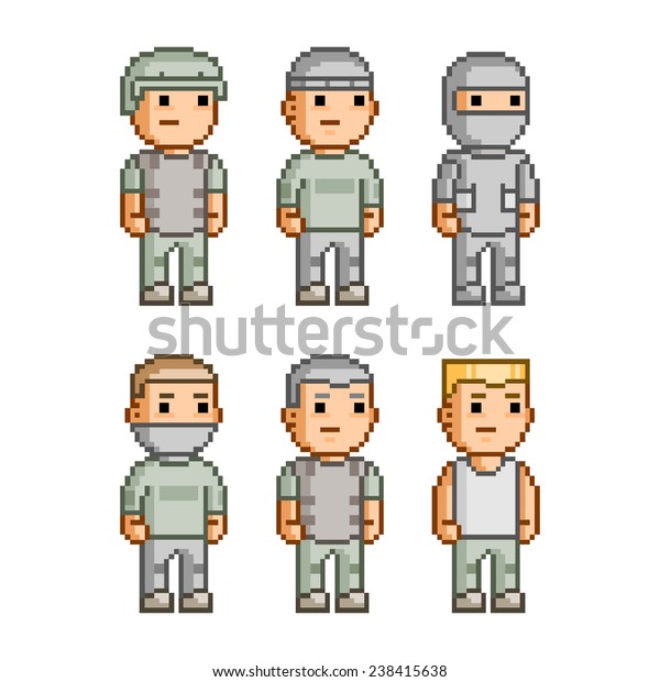 Pixel Art Collection Different Characters Soldiers: Stock-Vektorgrafik ...