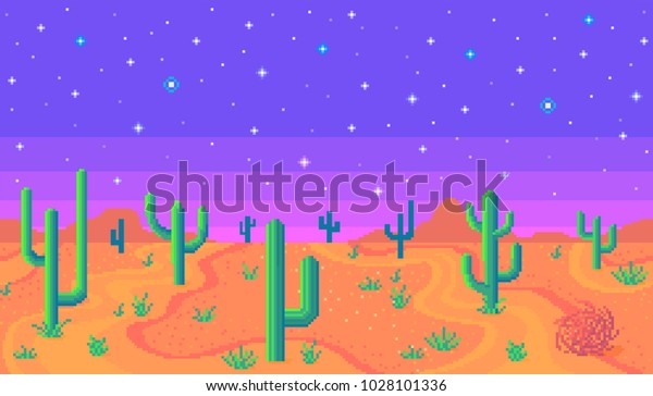 Pixel art desert at night. Seamless background. Vector illustration.