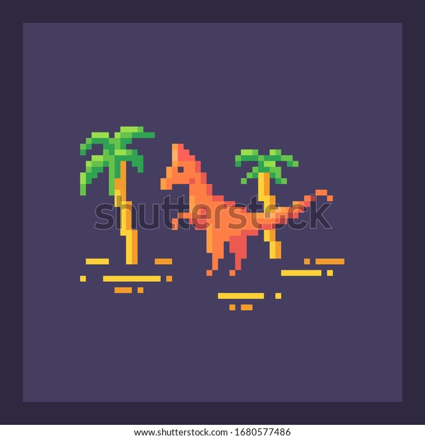 Pixel art dinosaur in nature. Cute pixelated dino icon. Vector ...