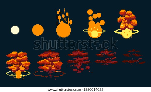 Explosión de arte de Pixel. Juego de iconos de juego. El boom cómico ...