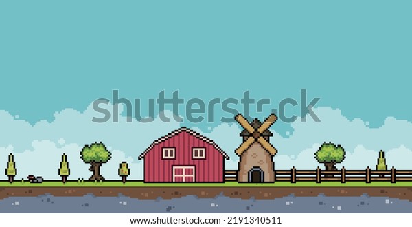 Vektor Stok Pixel Art Farm Landscape Barn Mill (Tanpa Royalti ...
