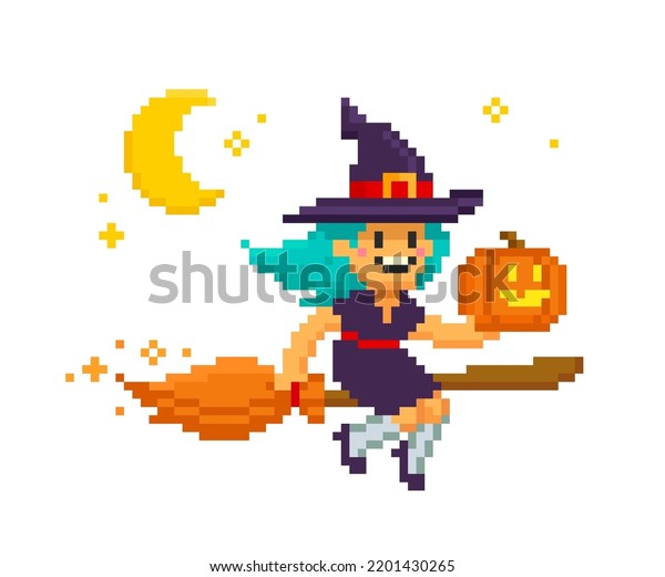 Pixel Art Flying Witch On Broom Stock Vector (Royalty Free) 2201430265 ...