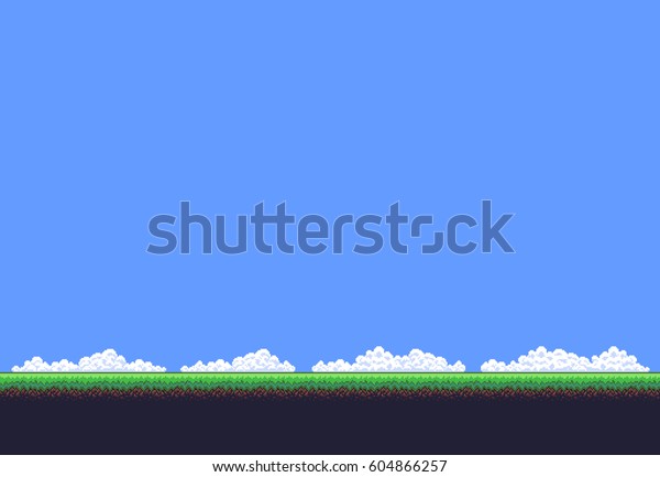 Pixel art game background with ground, grass, sky and clouds