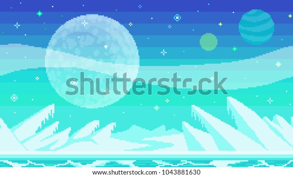 Pixel art game location. Cosmic area, someone frozen planet surface ...