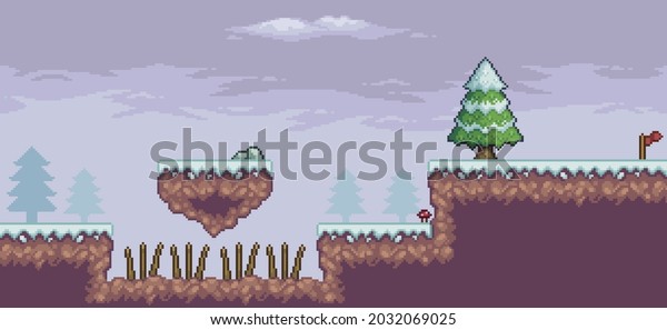 Pixel Art Game Scene Snow Floating: เวกเตอร์สต็อก (ปลอดค่าลิขสิทธิ์ ...