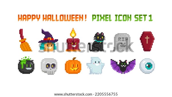Pixel Art Happy Halloween Items Set Stock Vector (Royalty Free ...