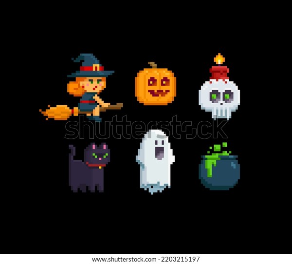Pixel Art Happy Halloween Set Witch Stock Vector (Royalty Free ...