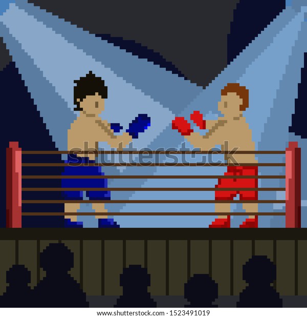 Pixel art illustration of a boxing ring, two men engage in a fight ...