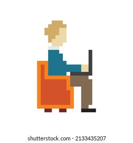Pixel Art Man Sits Works Laptop Stock Vector (Royalty Free) 2133435207