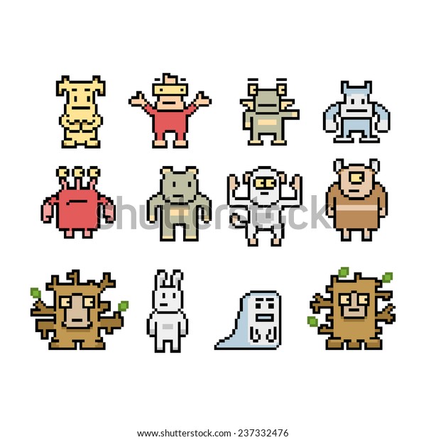 Pixel Art Monsters Animals Collection Isolated Stock Vector (Royalty ...