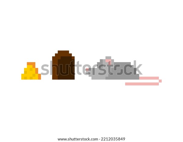 Vektor Stok Pixel Art Mouse Cheese Burrow Set (Tanpa Royalti ...