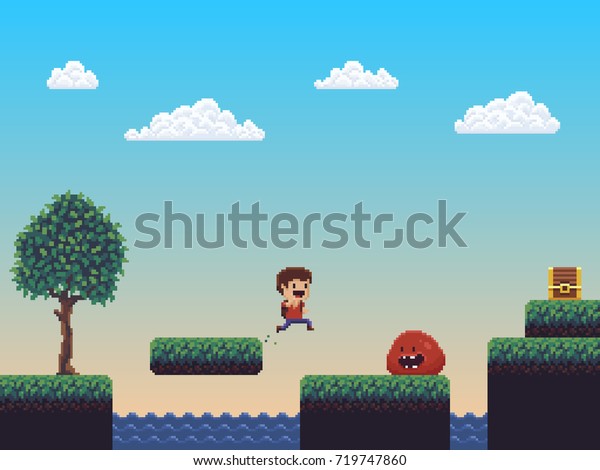 Pixel Art Nature Game Scene Jumping Stock Vector (Royalty Free) 719747860