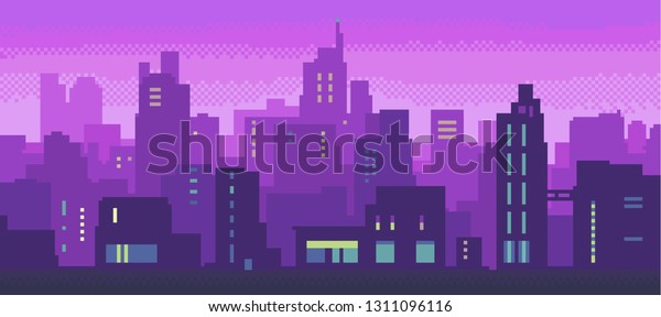 Pixel Art Neon Night City Buildings Stock Vector (Royalty Free ...