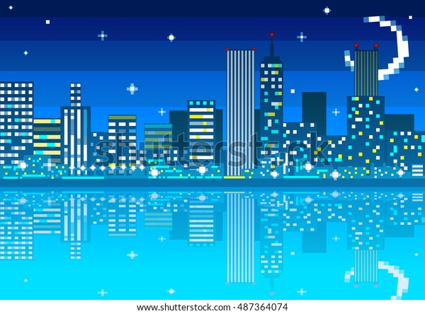 Pixel Art Night City Card Vector Stock Vector (Royalty Free) 487364074