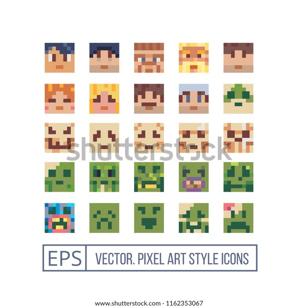 Vektor Stok Pixel Art People Head Characters Avatars (Tanpa Royalti ...
