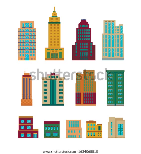 Pixel Art Set Modern Various Buildings: Vector có sẵn (miễn phí bản ...