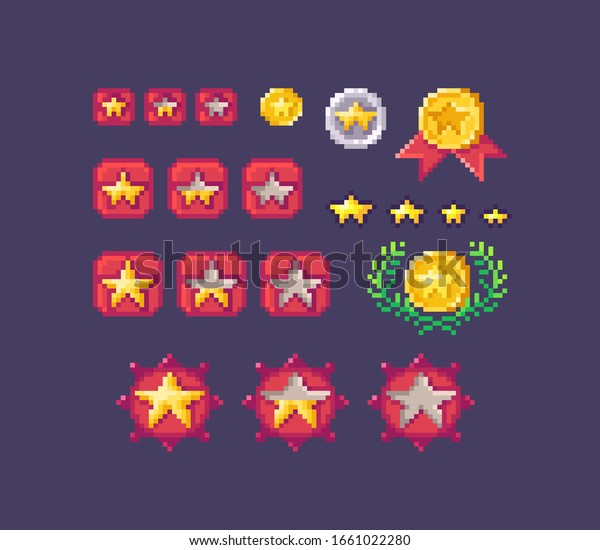 Pixel art set of star rating buttons different forms and sizes. Vector ...