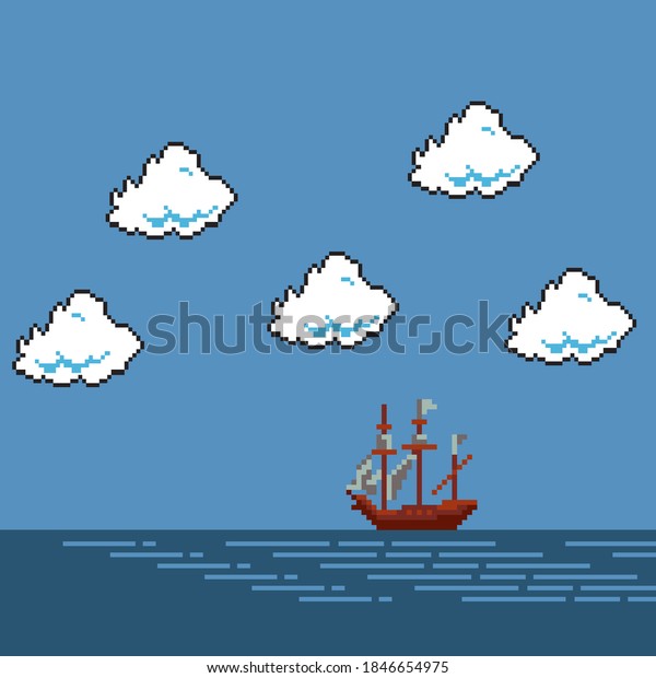 Pixel Art Ship Sailing Sea Illustration: เวกเตอร์สต็อก (ปลอดค่า ...