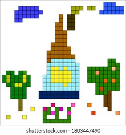 pixel art. orchard.vector 그림의 작은 집. 스톡 벡터(로열티 프리) 1803447490 | Shutterstock