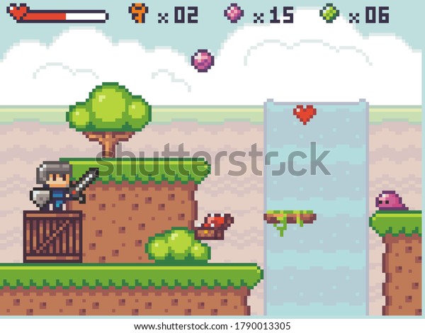 Pixel art style, character in game arcade play. Man with sharp sword ...