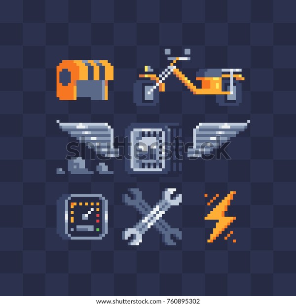 Pixel art style icons set. Speed, racer, wheel, speedometer, motorcycle ...