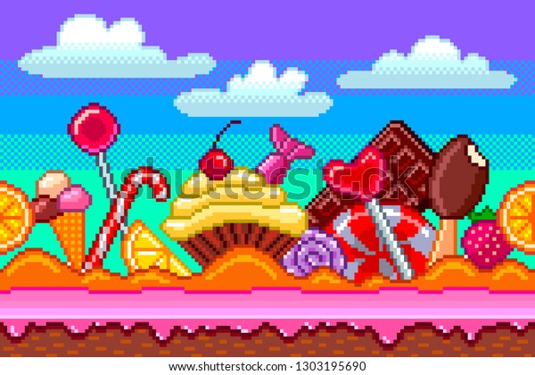 Vektor Stok Pixel Art Sweets Seamless Background Detailed (Tanpa ...