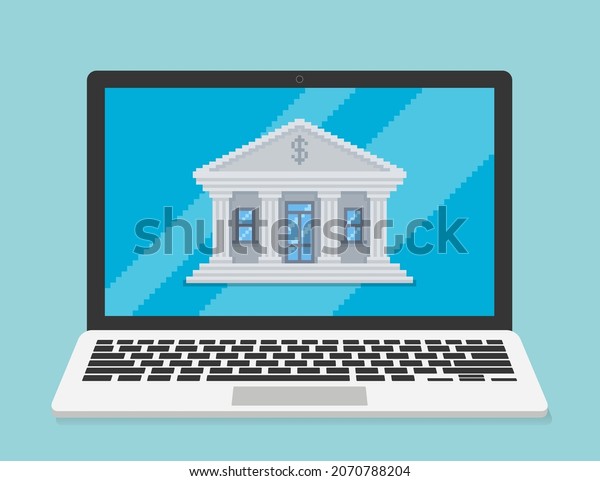 Pixel-Vektorgrafik von Bank-Symbol auf Laptop-Bildschirm. Flaches ...